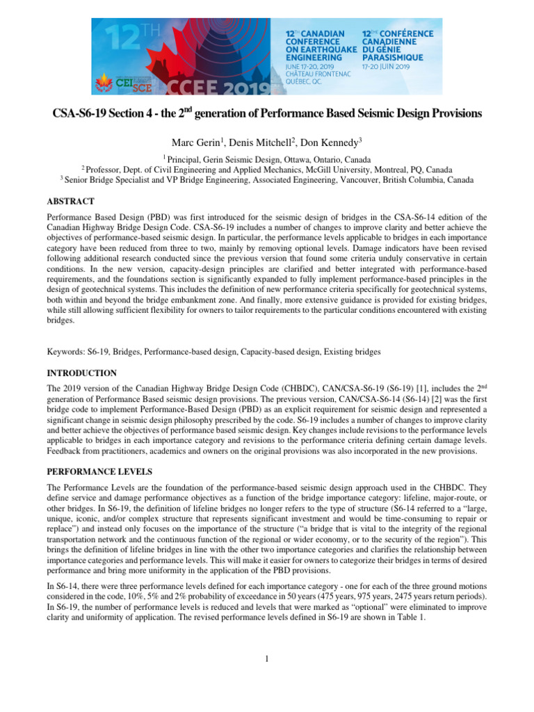 CSA S6-19 Section 4 - Second Generation of Performance Based Seismic Design Provisions | PDF ...