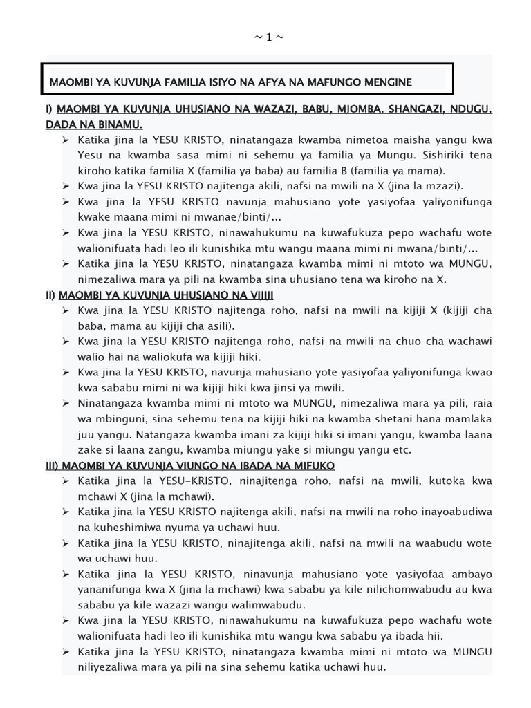 MAOMBI YA KUVUNJA FAMILIA ISIYO NA AFYA NA MAFUNGO MENGINE | PDF