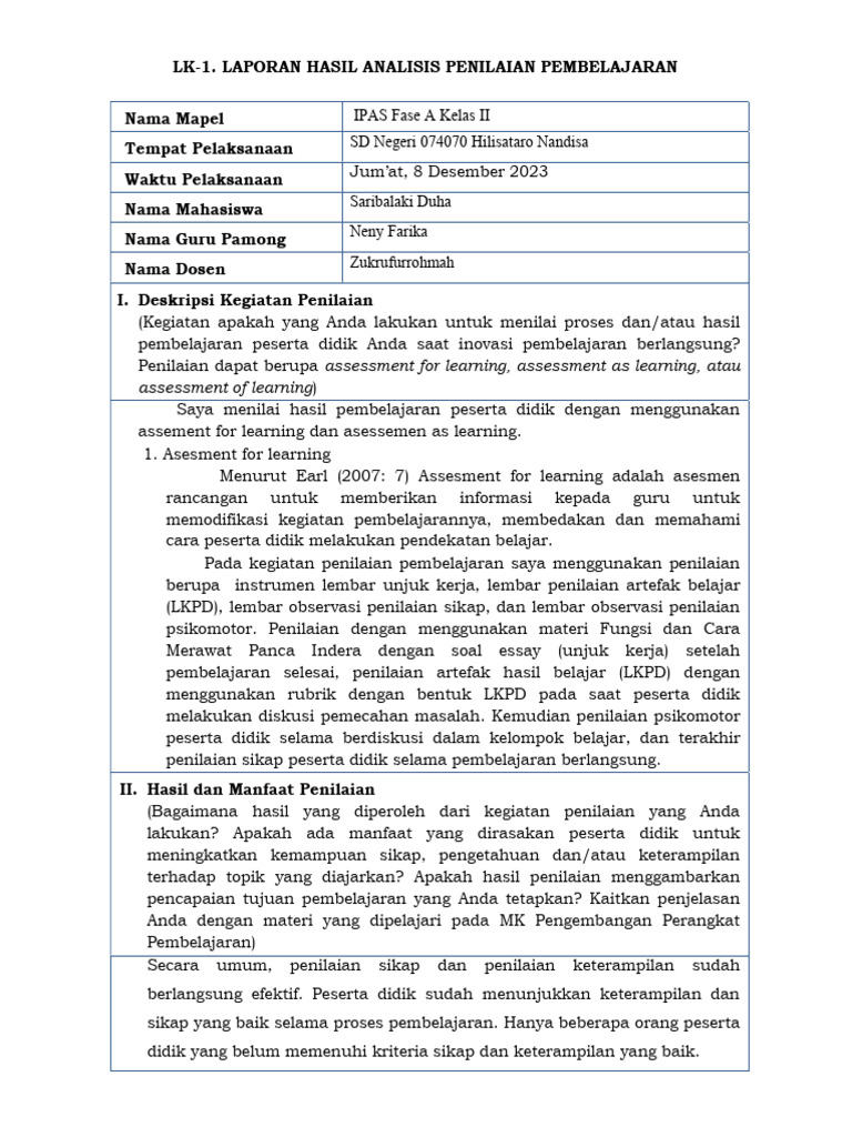 LK 1. Laporan Hasil Analisis Penilaian Pembelajaran - Aksi 2 - Saribalaki Duha | PDF