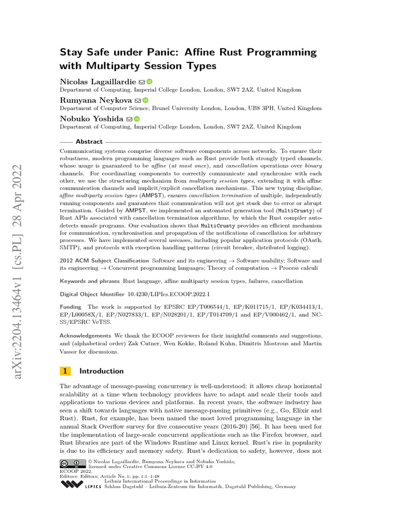 Stay Safe Under Panic: Affine Rust Programming With Multiparty Session Types | PDF | Distributed ...