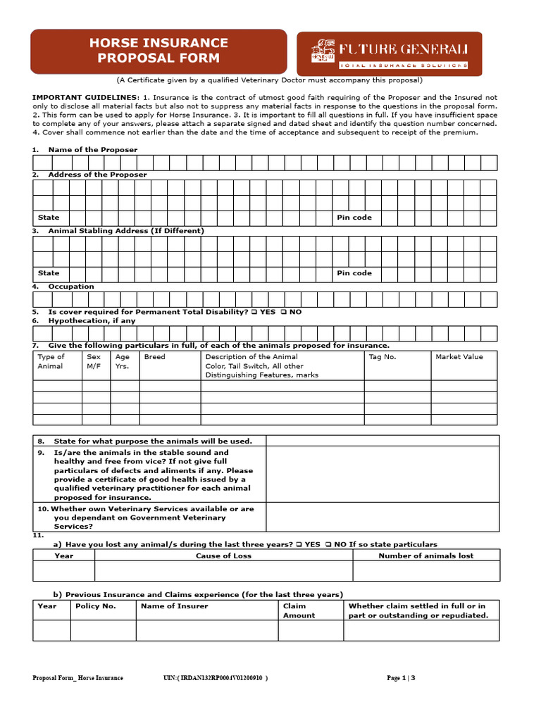 Horse Insurance Proposal Form | PDF | Insurance | Economies