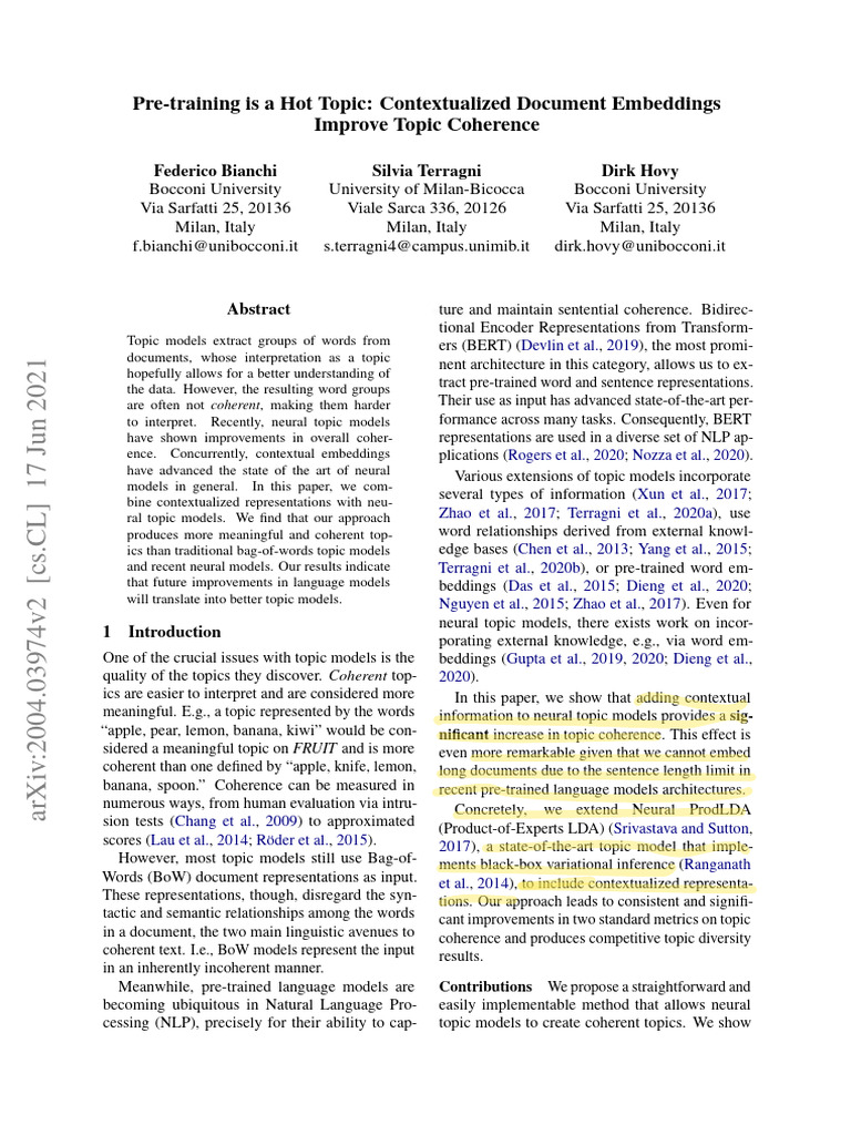 Pre-Training Is A Hot Topic: Contextualized Document Embeddings Improve Topic Coherence | PDF ...