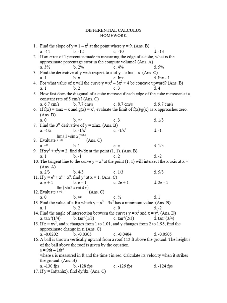 Differential Calculus Homework Problems | PDF