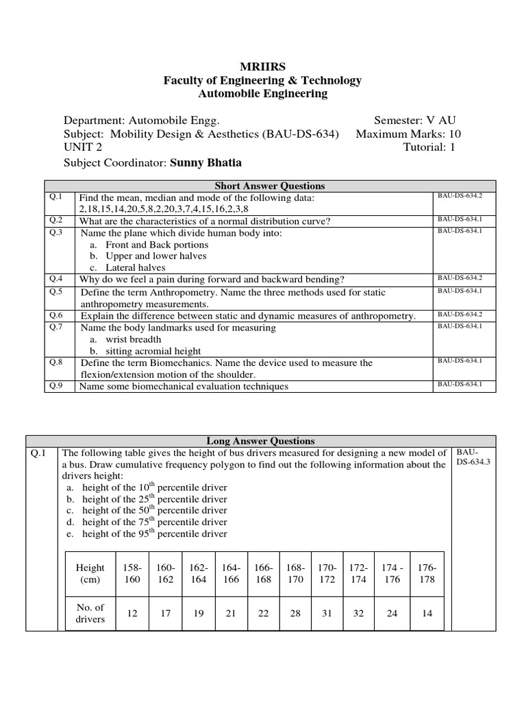 2. Unit 2 Tute MDA Anthropometric data | PDF | Percentile | Mean