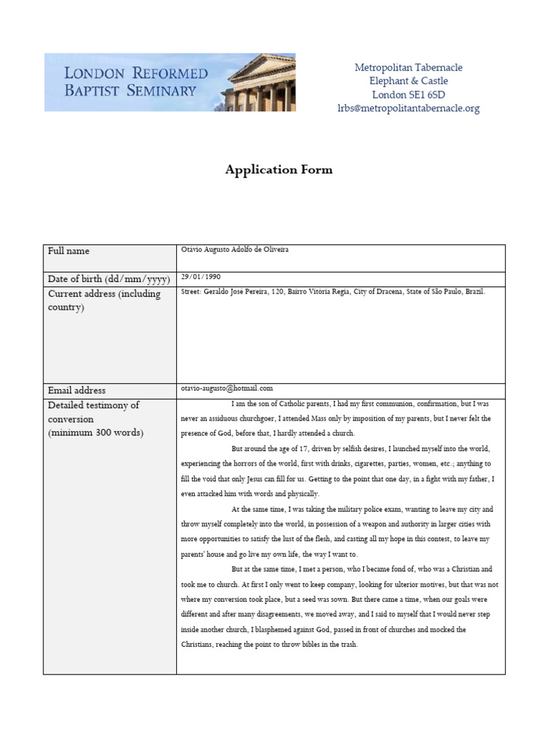 London Reformed Baptist Seminary - Application Form | PDF | Christian ...