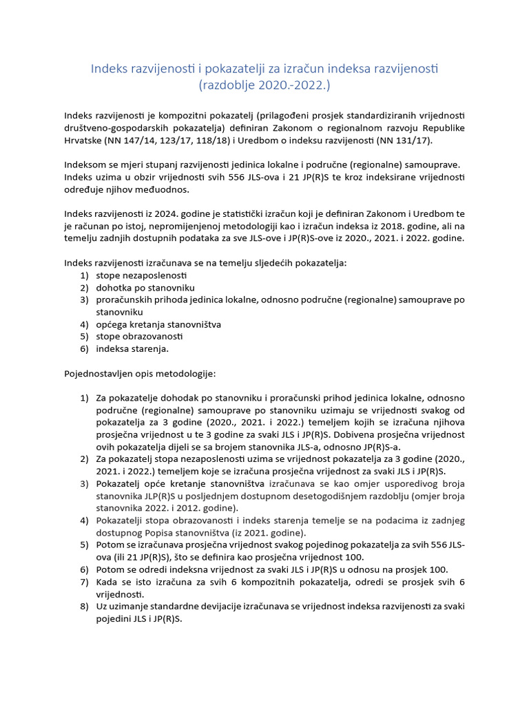Vrijednosti Indeksa Razvijenosti I Pokazatelja Za Izračun Indeksa ...