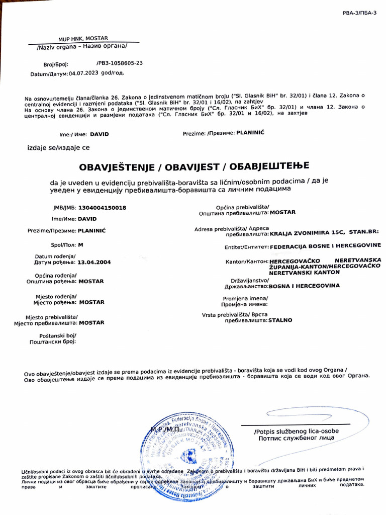 Potvrda o Prebivalistu | PDF