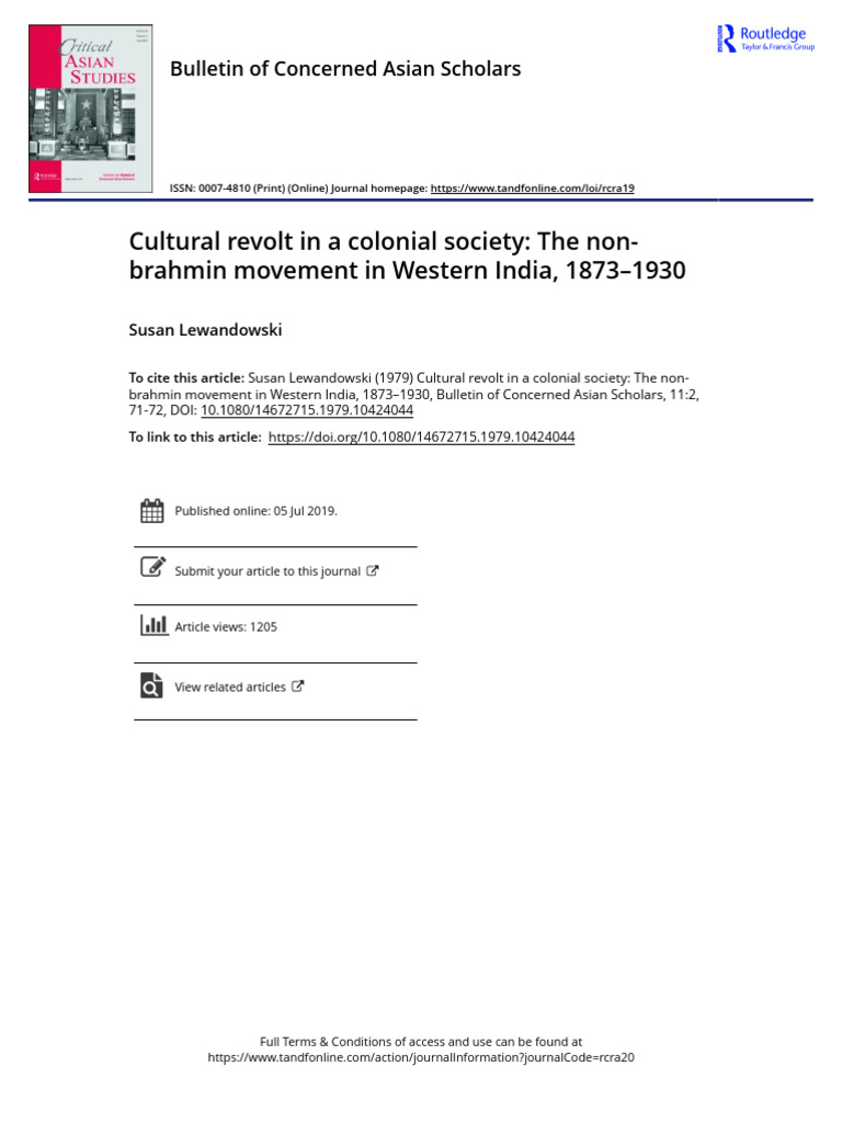 Cultural Revolt in A Colonial Society The Non-Brahmin Movement in ...