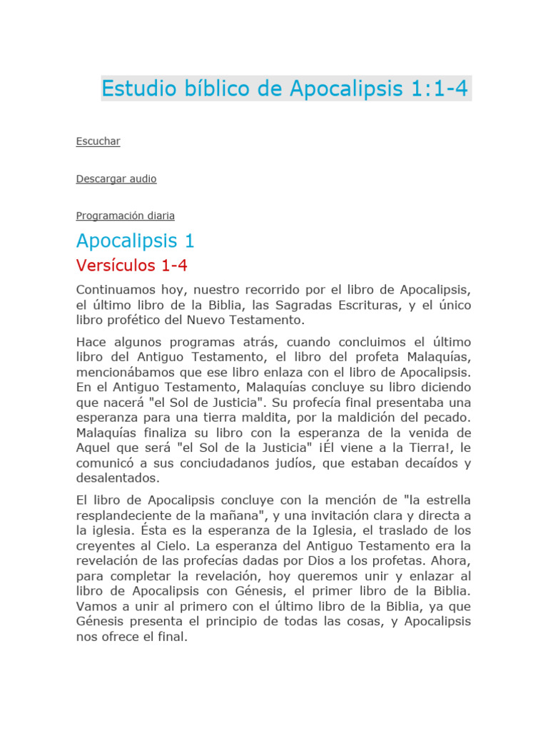 Estudio De Apocalipsis 1 1 4 Pdf Juan El Apóstol Libro De Revelación
