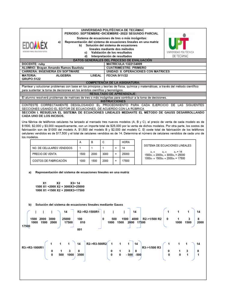 Unidad II Evidencia Sistema de Ecuaciones Lin | PDF | Ecuaciones ...