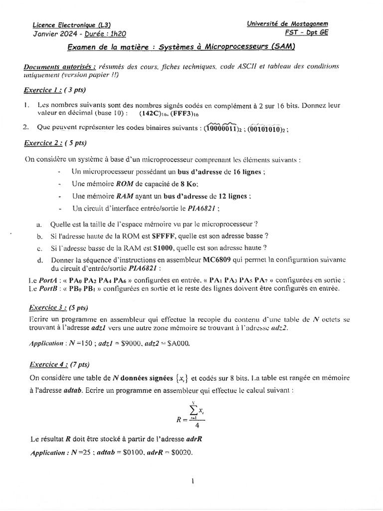 Examen Système À Microprocesseur L3 Électronique Mostaganem 2024 | PDF