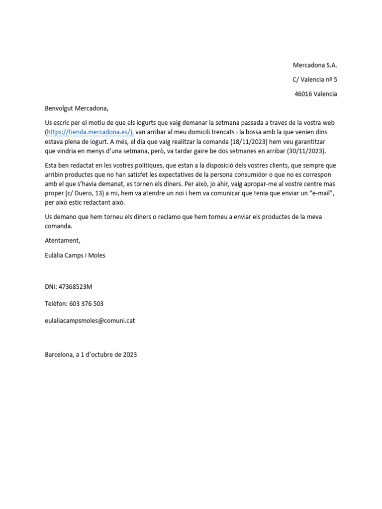 exemple de carta de reclamacio | PDF