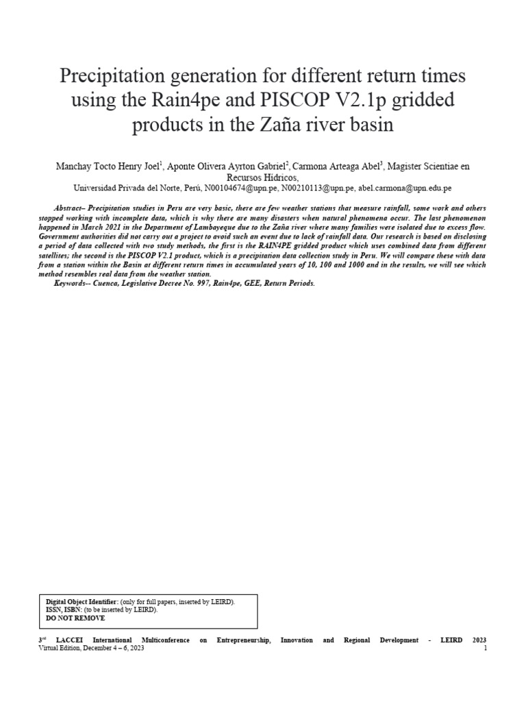 Precipitation Generation For Different Return Times Using The Rain4pe and PISCOP V2.1p v2.1 ...