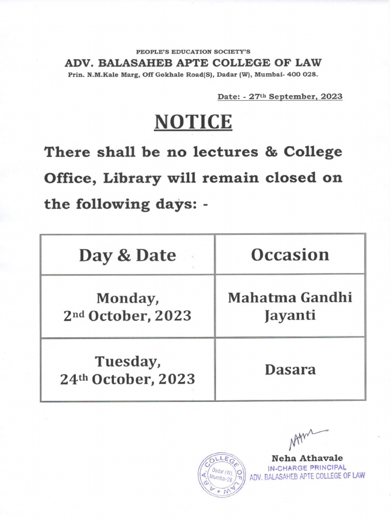 Notice of Holiday For The Month of October, 2023 | PDF