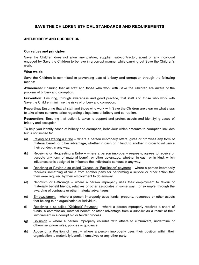 Save The Children Ethical Standards and Requirements | PDF | Bribery | Political Corruption