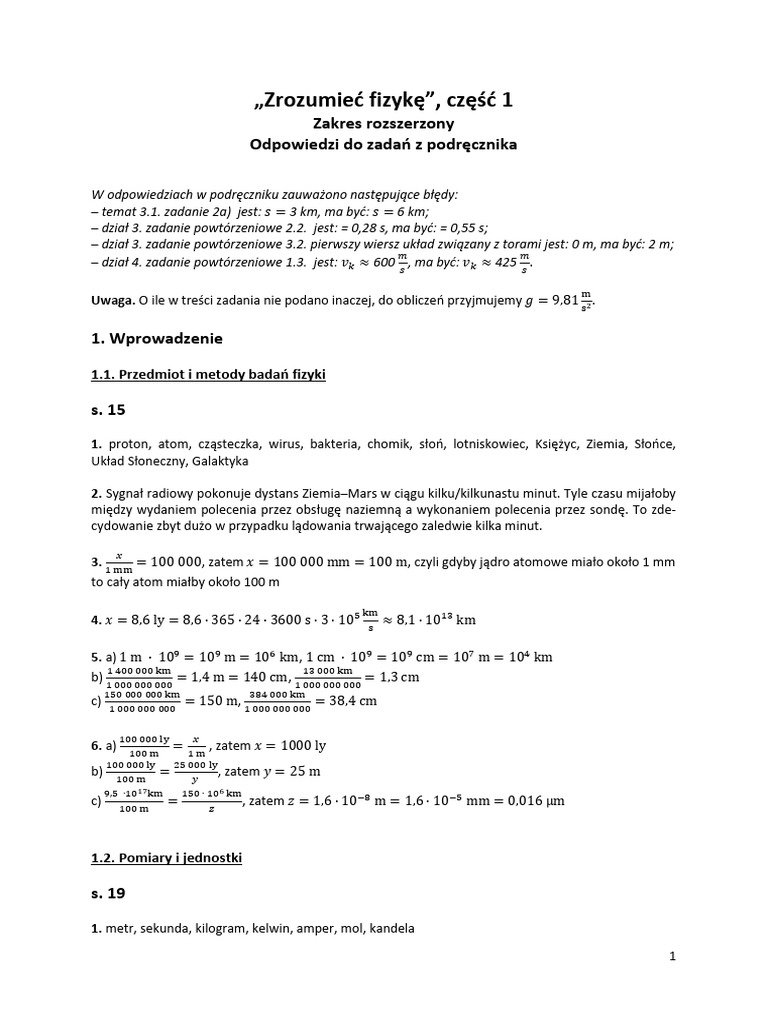 Rozwiazania Zadan Podrecznik Zrozumiec Fizyke Czesc 1 | PDF Rozwiazania Zadan Podrecznik Zrozumiec Fizyke Czesc 1 | PDF
