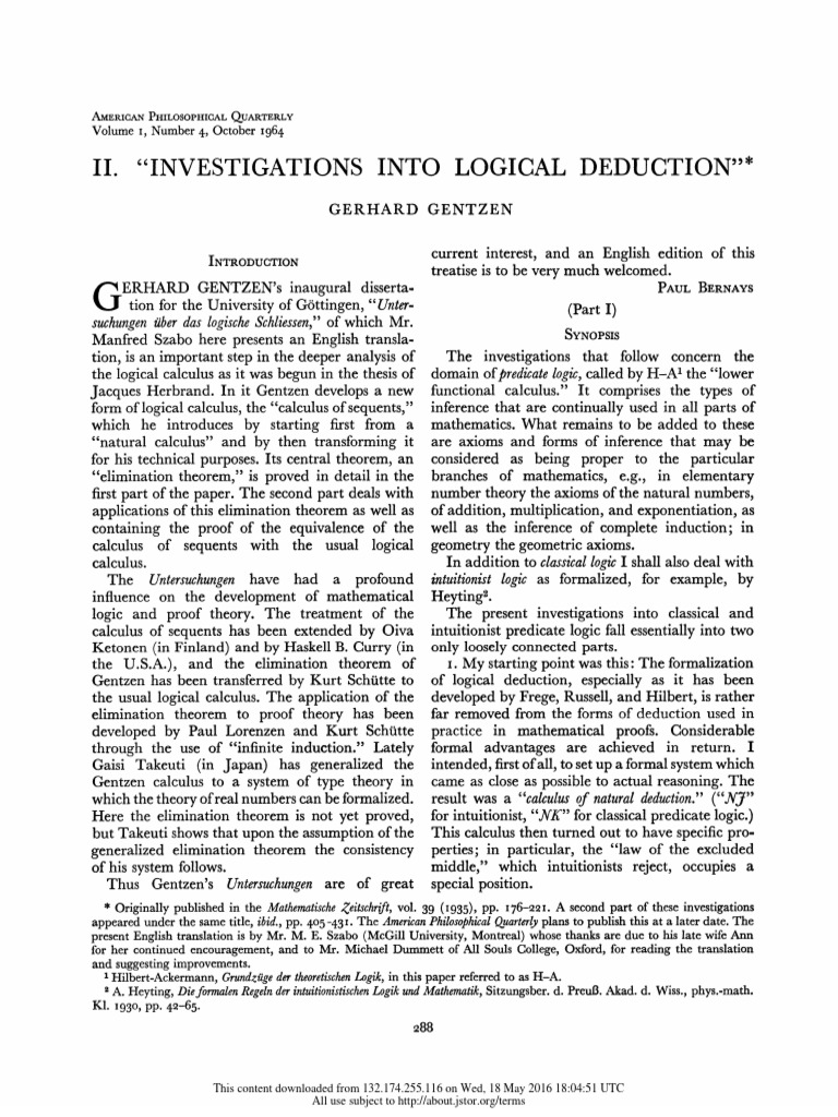 Gentzen Investigations Into Logical Deduction | PDF | Logic ...