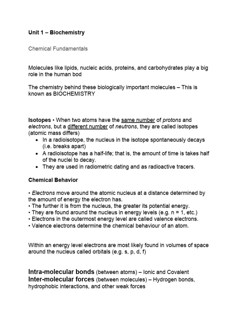 Unit 1 - Biochemistry | PDF | Chemical Polarity | Chemical Bond