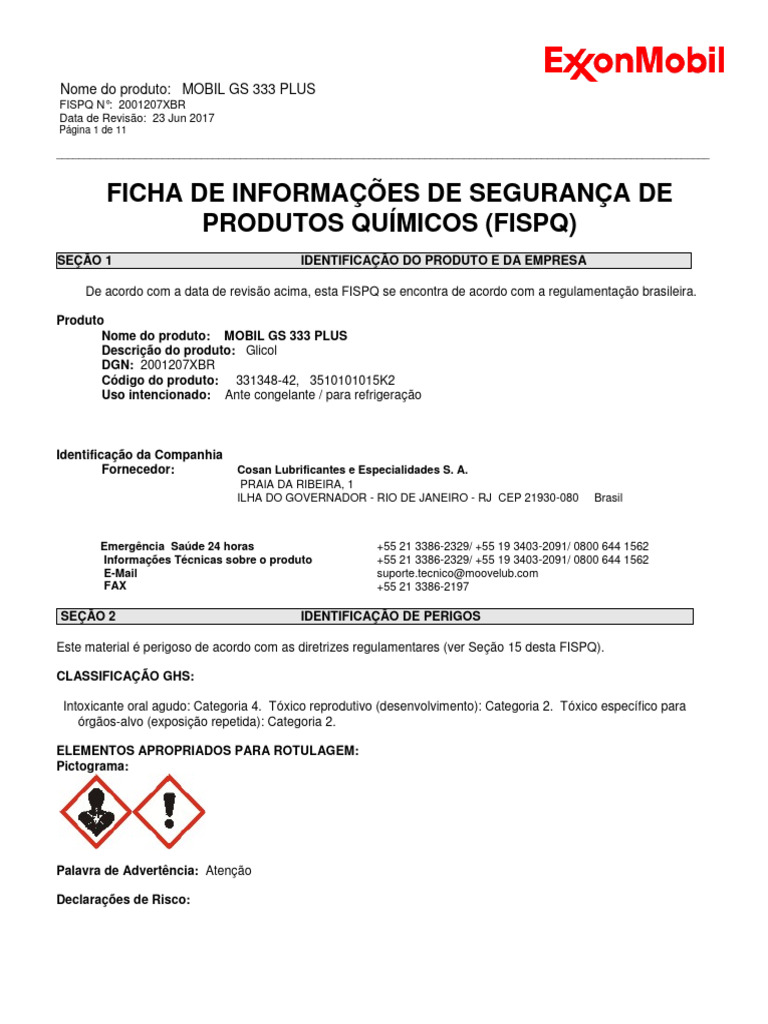 Ficha de Segurança do Mobil GS 333 Plus | PDF | Desperdício | Incineração
