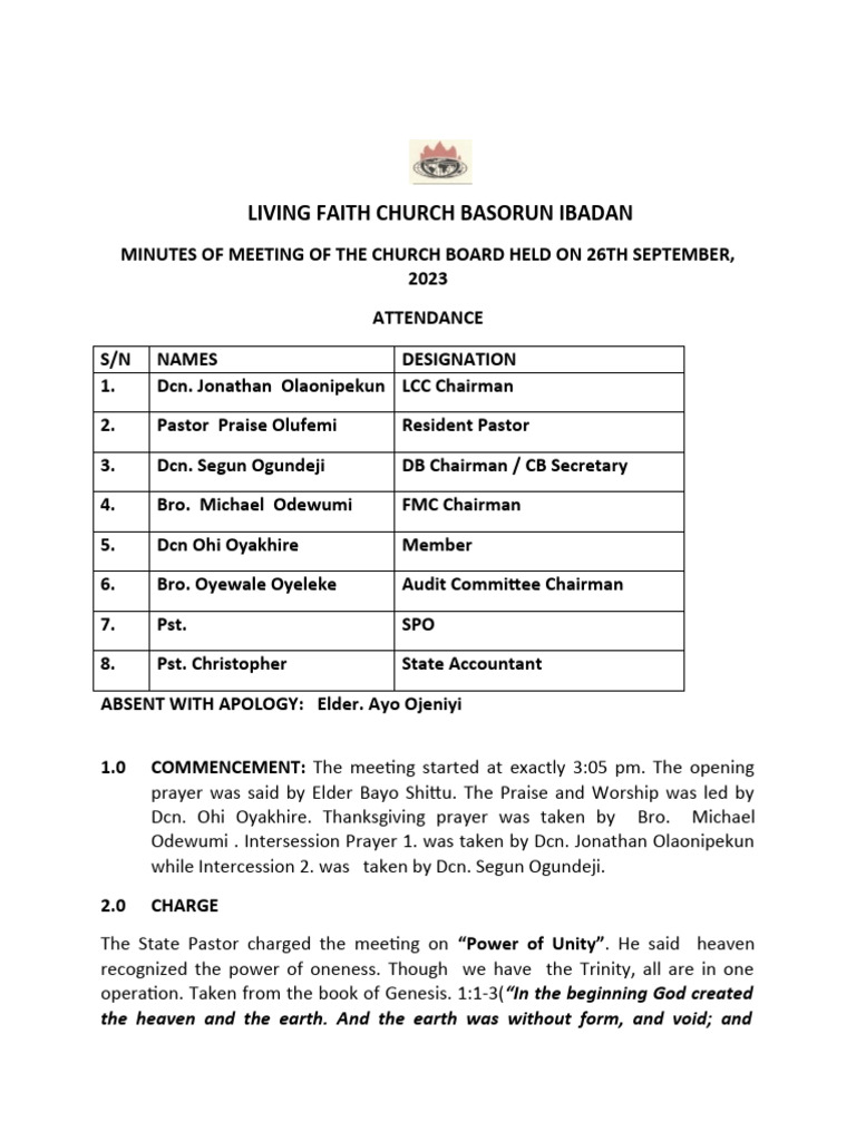 Church Board Meeting September 26th 2023 1 Pdf