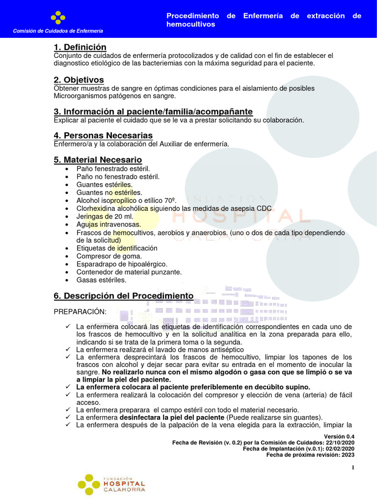 p022 Procedimiento de Enfermeria en La Extracción de Hemocultivos | PDF | Medicina CLINICA ...