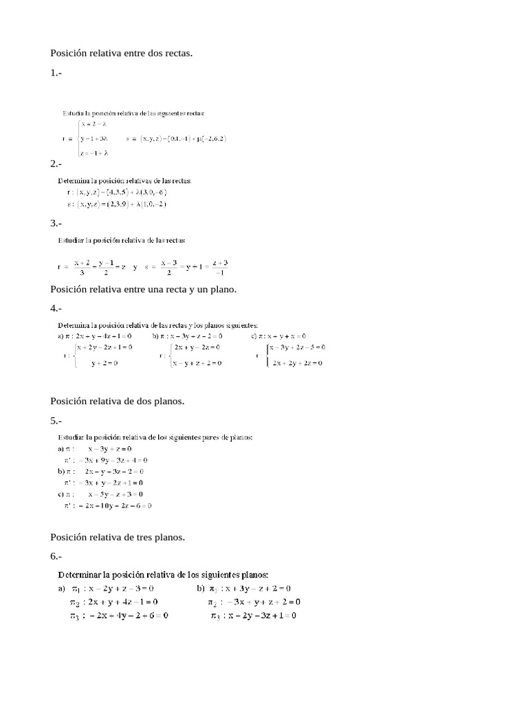 Ejercicios Posiciones Relativas de Rectas y Planos | PDF