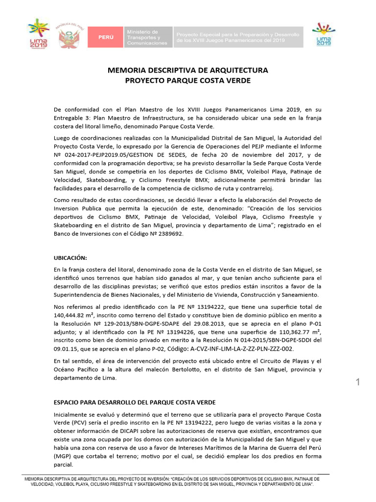 Proyecto Deportivo Parque Costa Verde | PDF | Lima