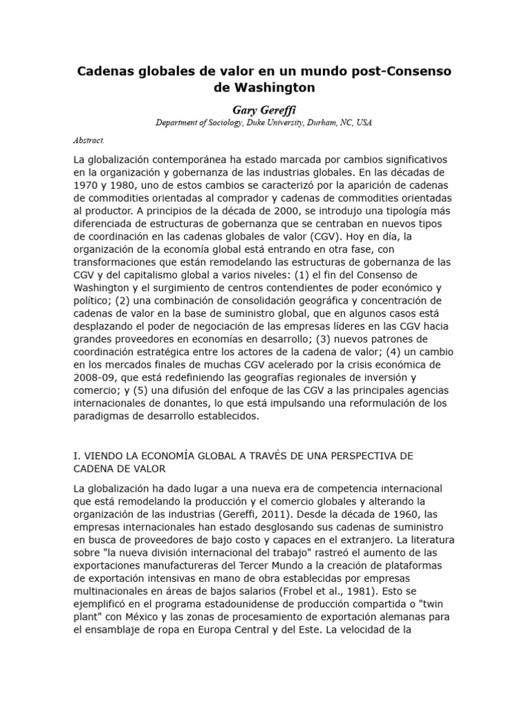 9 Gereffi (Trad) Cadenas Globales de Valor en Un Mundo Post | PDF ...