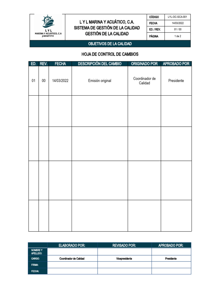 Lyl-Oc-Gca-001 Objetivos de La Calidad | PDF