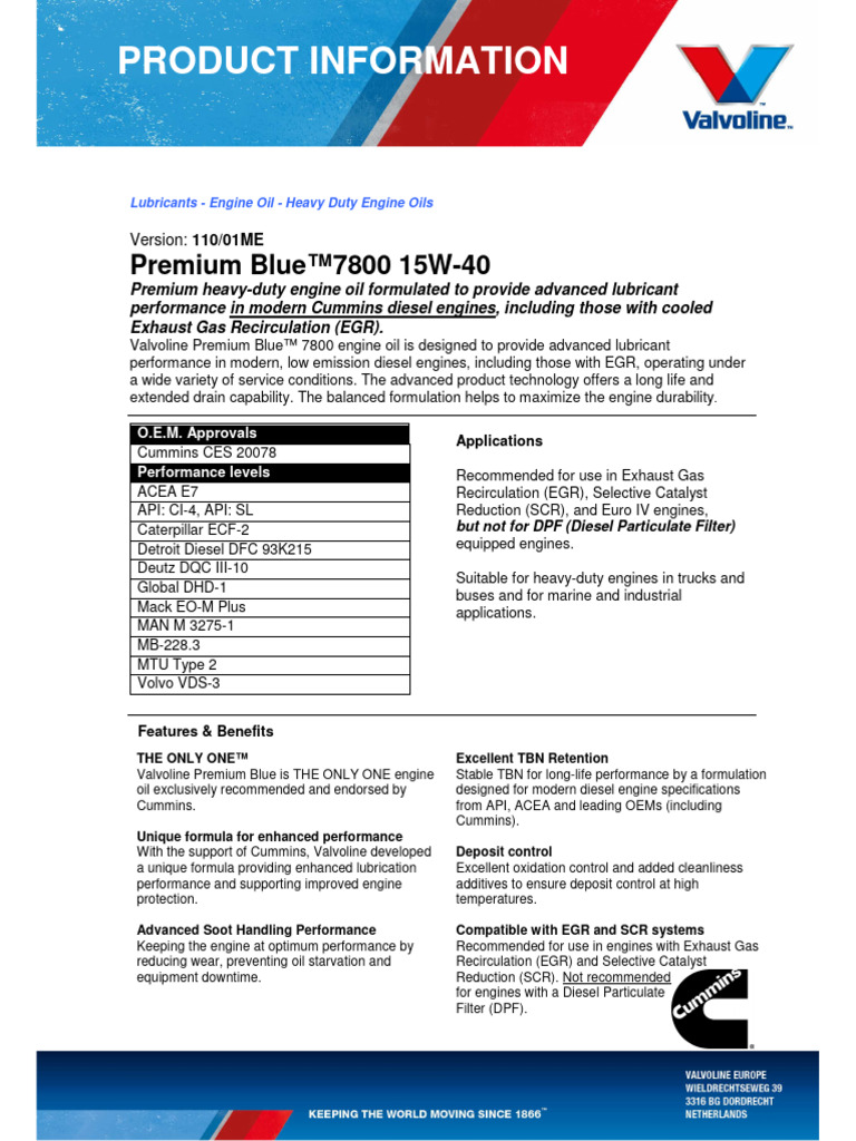 PI - Premium Blue 7800 15W-40 - 110-01 ME - CI4 | PDF | Motor Oil ...