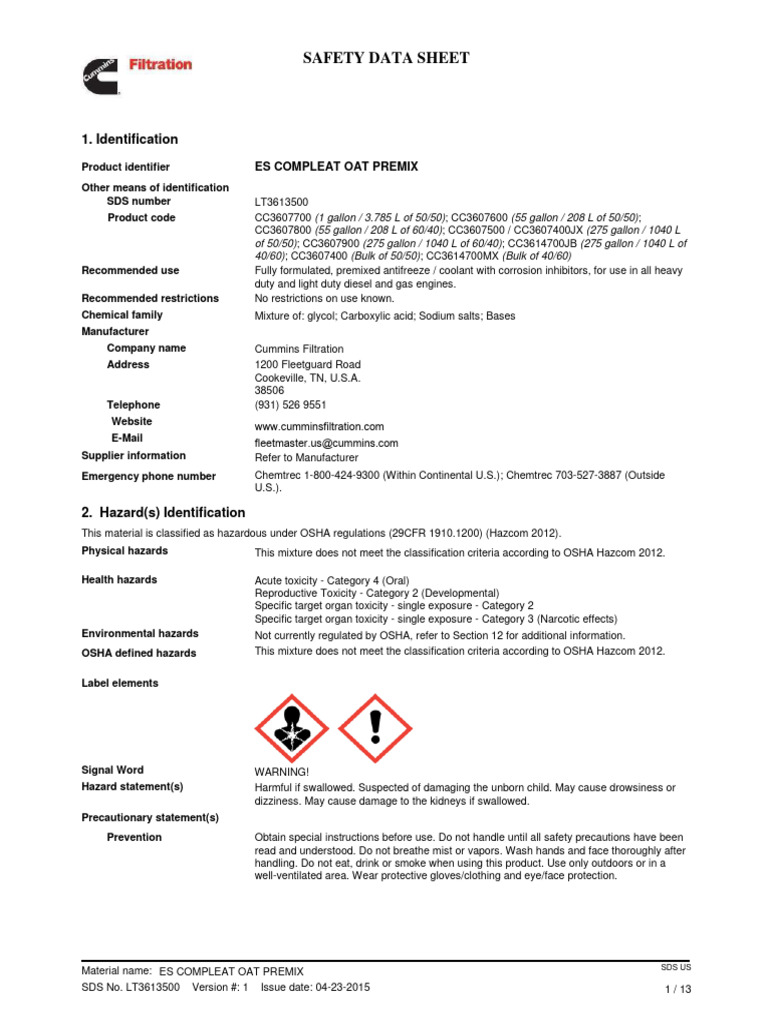 Msds - Coolant | PDF | Waste | Dangerous Goods