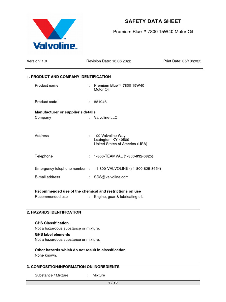 Msds - Premium Blue 7800 15w40 DR 208 L Sds - English 1 | PDF