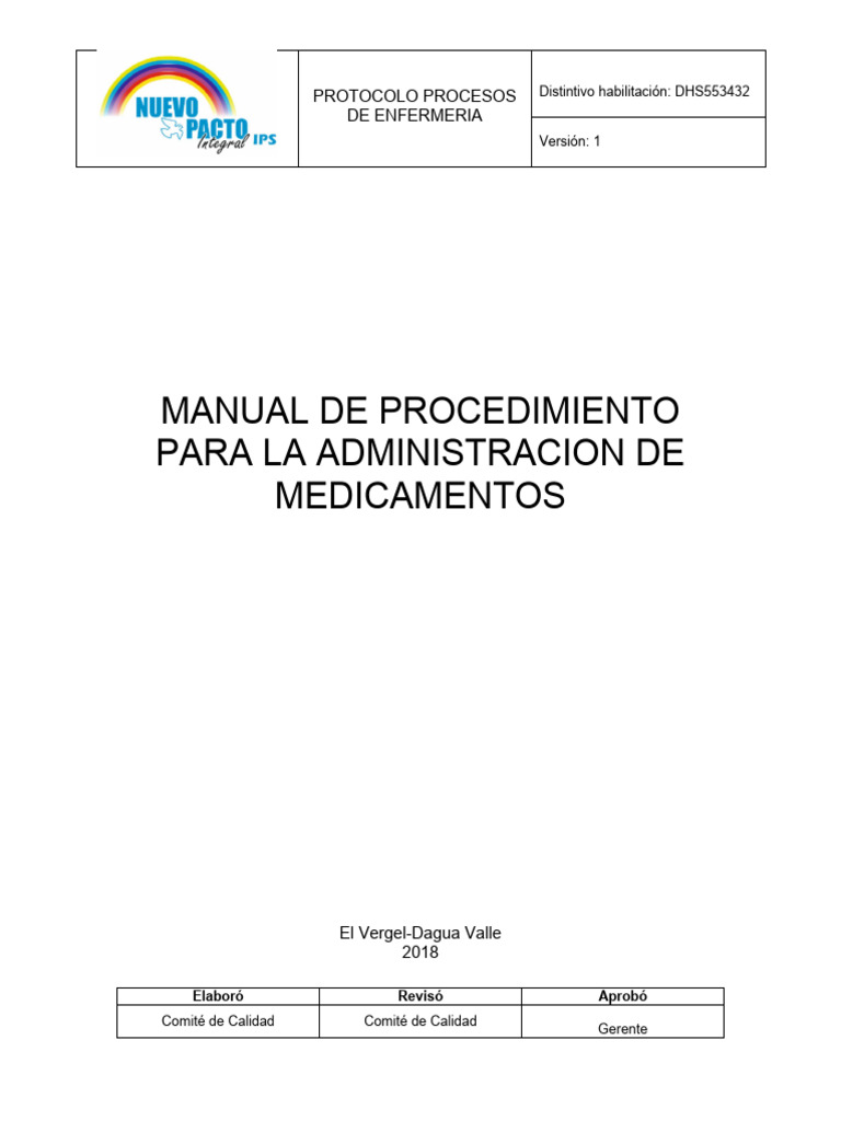 Manual de Procedimiento para la Administracion de Medicamentos OkM.docx IVAN | PDF ...