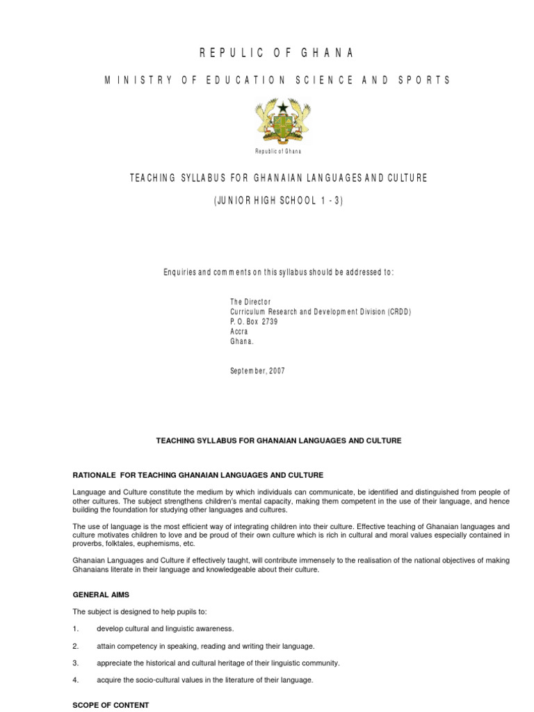 Ghanaian Language Syllabus for JHS | PDF | Educational Assessment ...