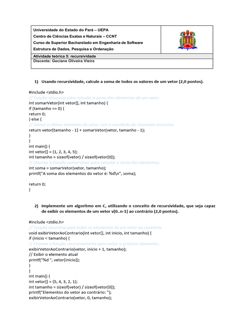 Funções Recursivas em C: Exemplos Práticos | PDF | Decimal | Engenharia ...
