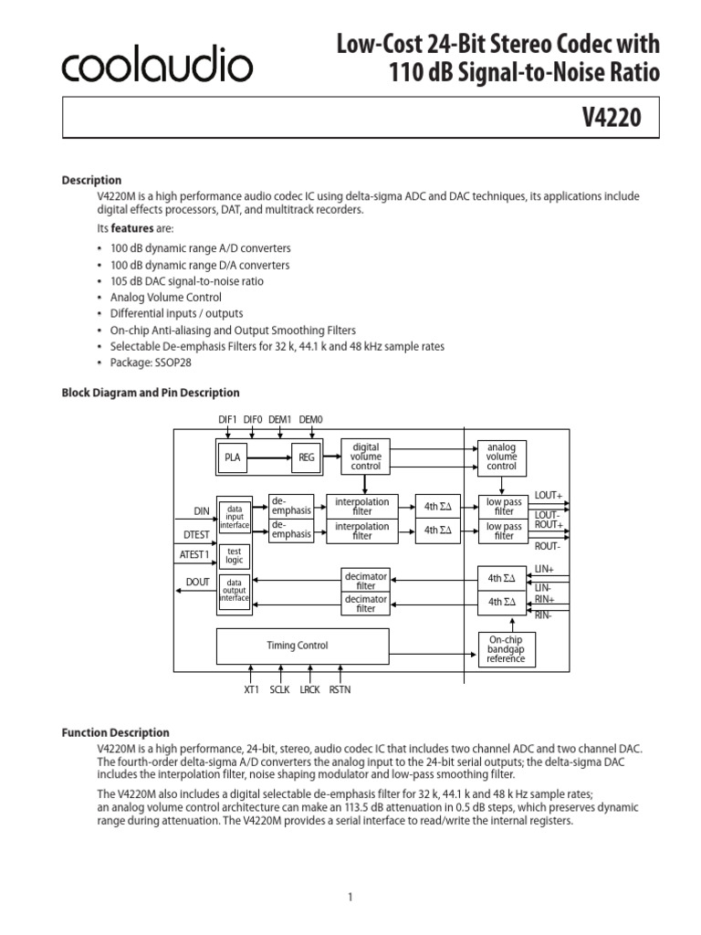 Coolaudio V4220M Datasheet | PDF | Analog To Digital Converter | Low ...