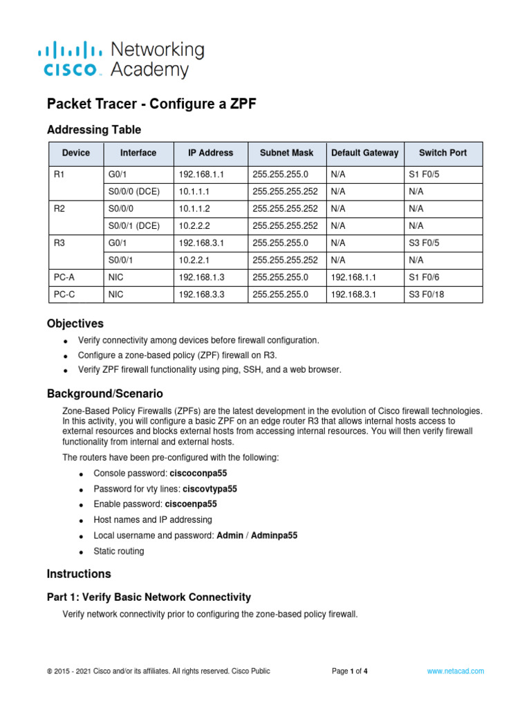 10.3.11 Packet Tracer - Configure A ZPF | Download Free PDF | Firewall (Computing) | Router ...