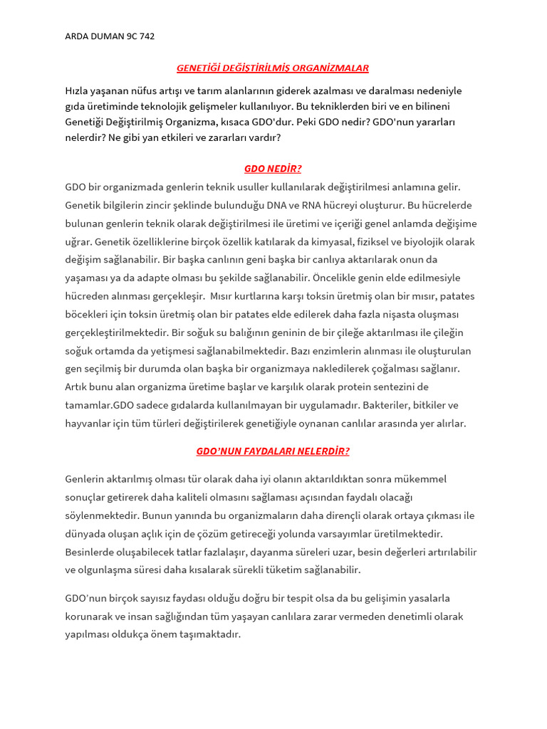Genetiği Değiştirilmiş Organizmalar (GDO) | PDF