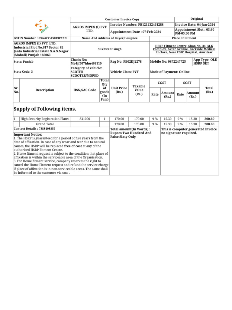 Customer Invoice for HSRP Fitment | PDF | Invoice | Economies