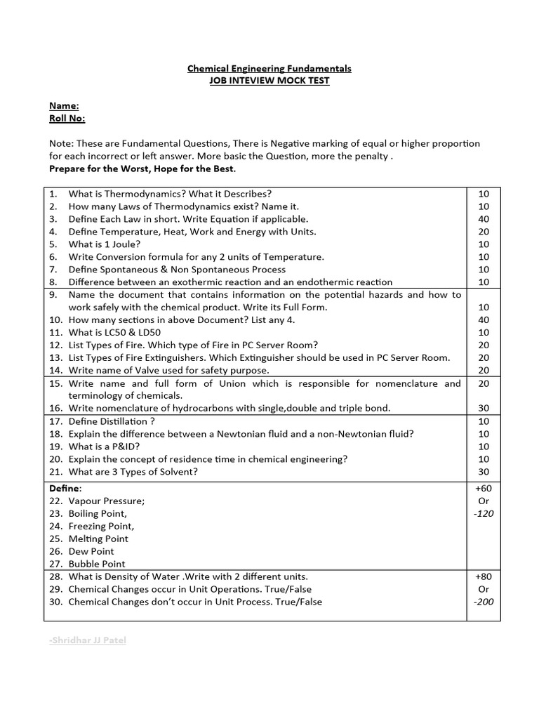Chemical Engineering Interview Questions | PDF | Chemistry | Temperature