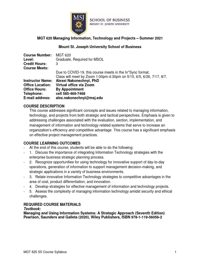Textbook:: MGT 620 S5 Course Syllabus 1 | PDF | Information Technology ...