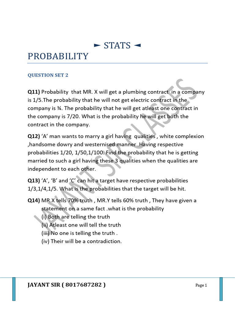 Stats Unit 1 Set 2 Probability. | PDF | Odds | Probability And Statistics