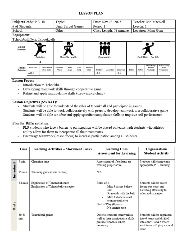 Tchoukball Lesson Plan | PDF | Lesson Plan | Physical Education