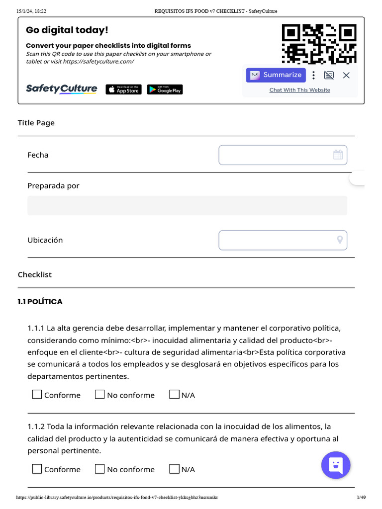 Requisitos IFS Food V7 Checklist | PDF | Negocios | Finanzas y dinero