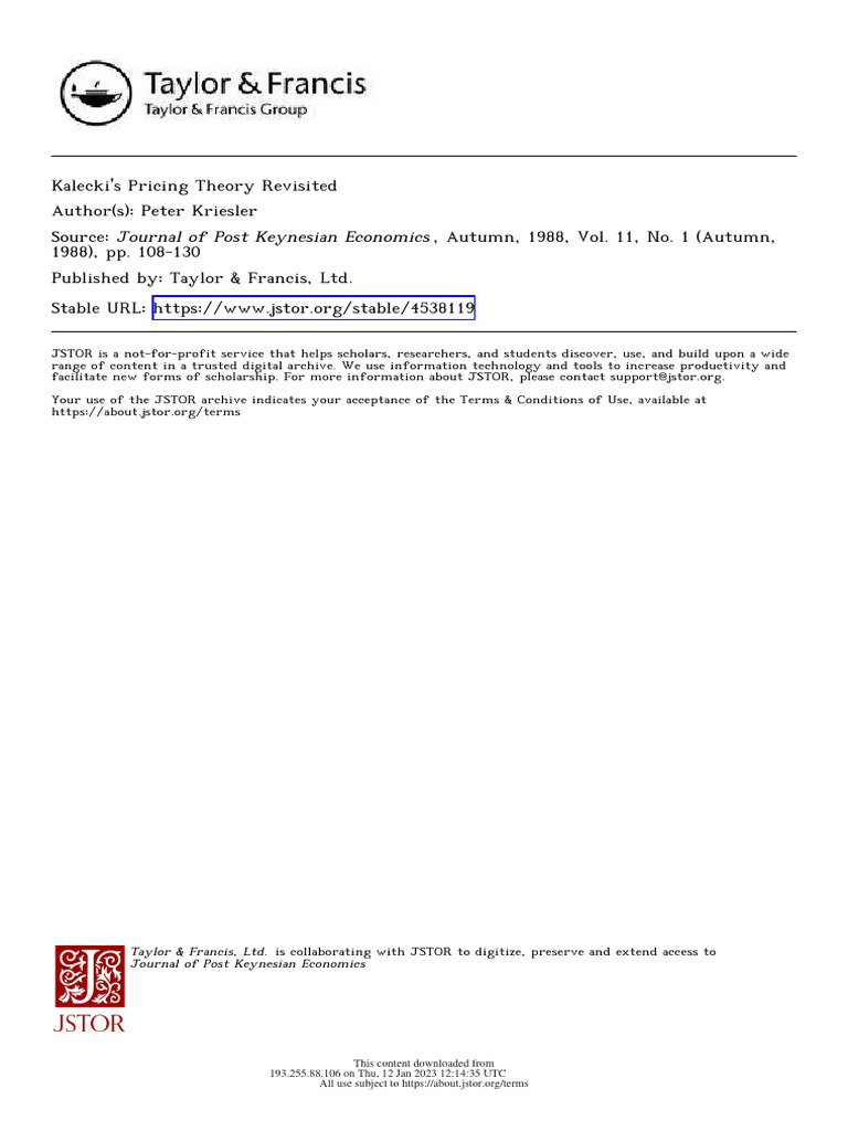Revisiting Kalecki's Pricing Theory | PDF | Demand | Imperfect Competition