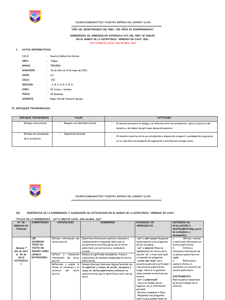 EXPERIENCIA DE APRENDIZAJE N° 2 | PDF