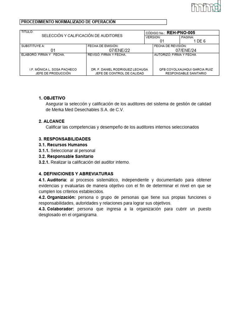 REH-PNO-005 Selección y Calificación de Auditores | PDF