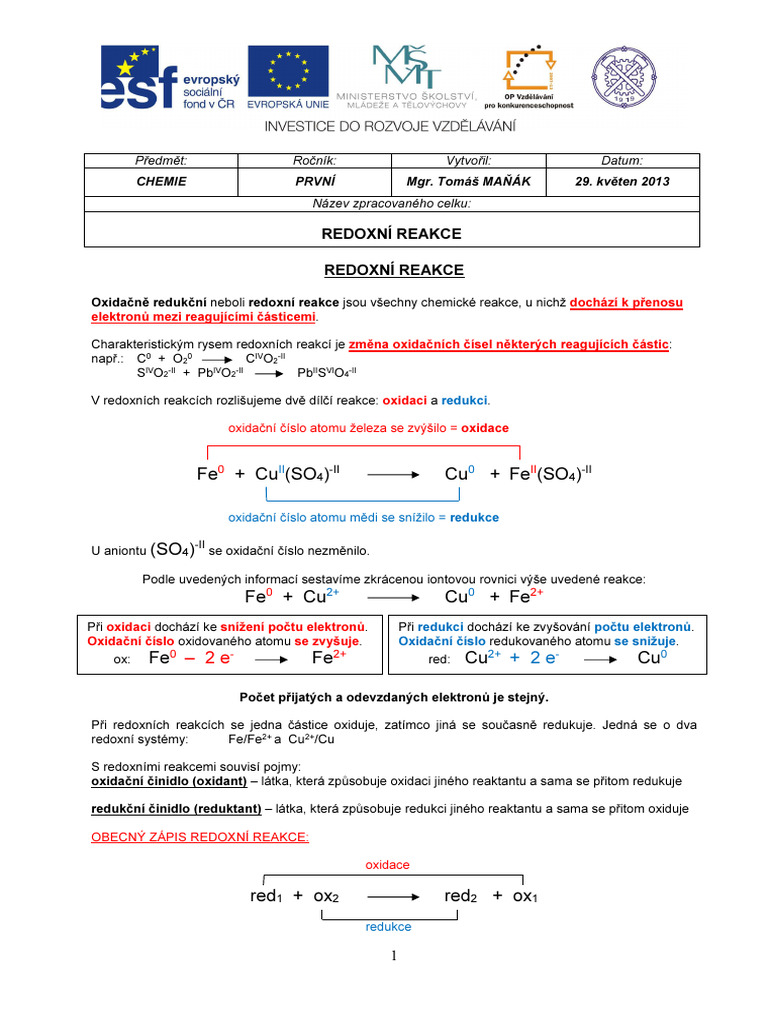 CHE 1 Redoxní-Reakce UT-PL | PDF