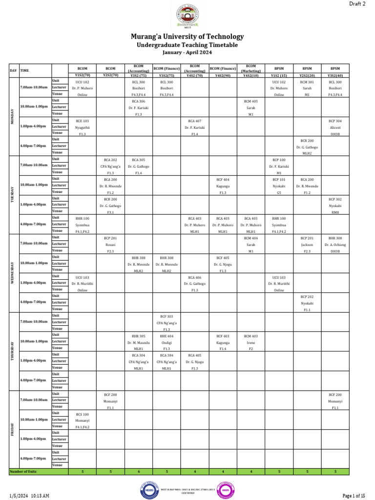 Teaching Timetable Jan - Apr 2024 Undergraduate | PDF