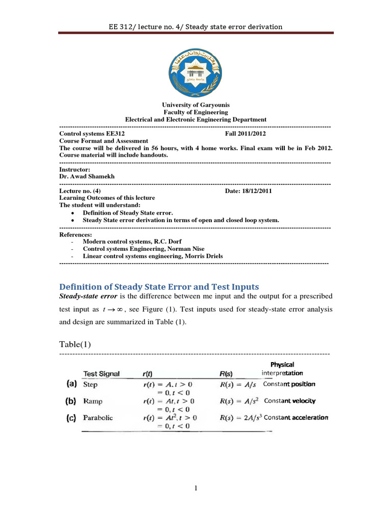 EE 312 Lecture 4 | PDF | Feedback | Control Theory